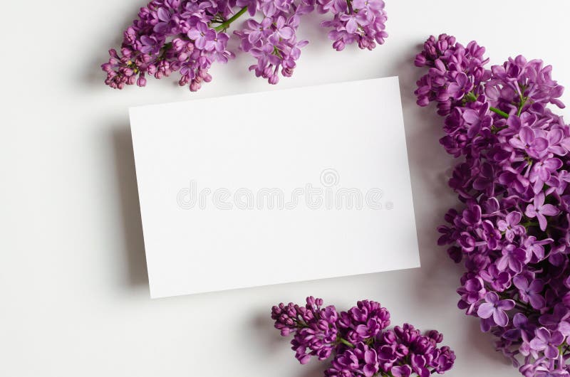 Wedding Invitation Card Mockup with Spring Lilac Flowers Stock Photo ...