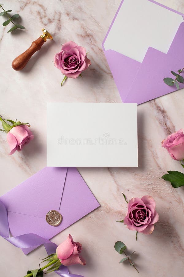 Wedding Invitation Card with Purple Envelopes and Roses. Flat Lay, Top ...