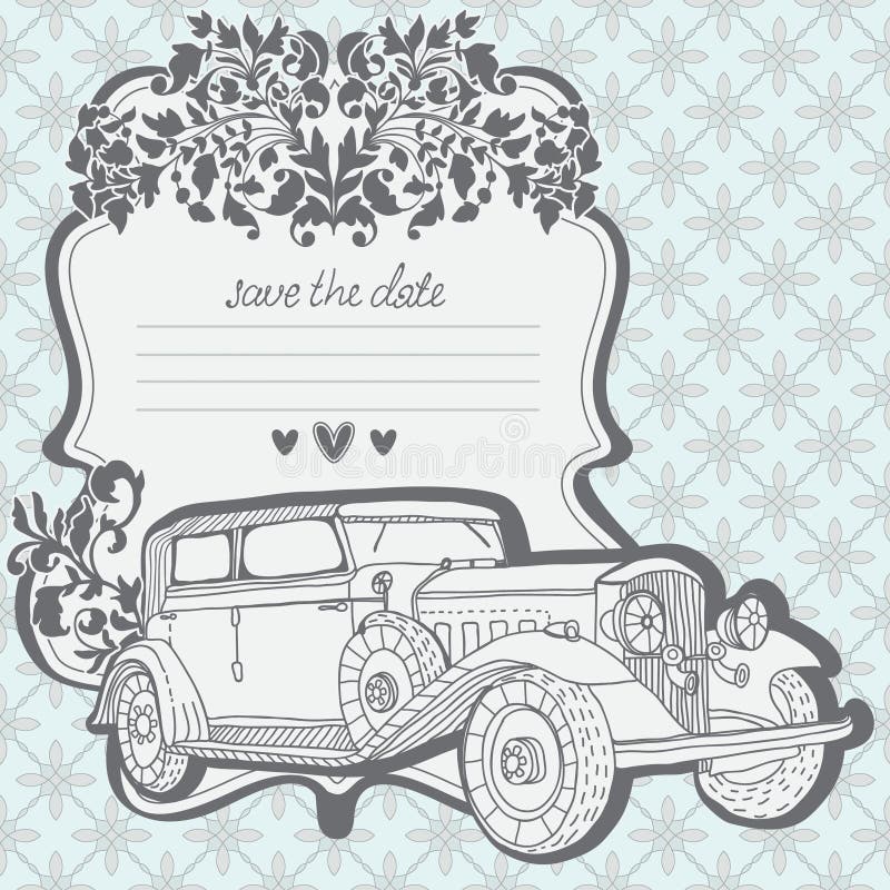 Wedding Invitation with Retro Car, Bride and Groom Just Married Stock ...