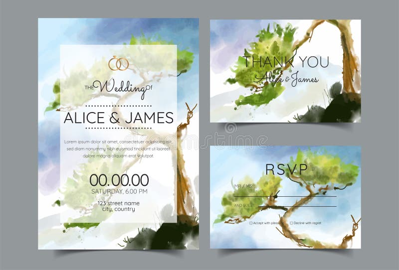 Wedding Invitation Cards Landscapes with Watercolor Techniques Stock ...