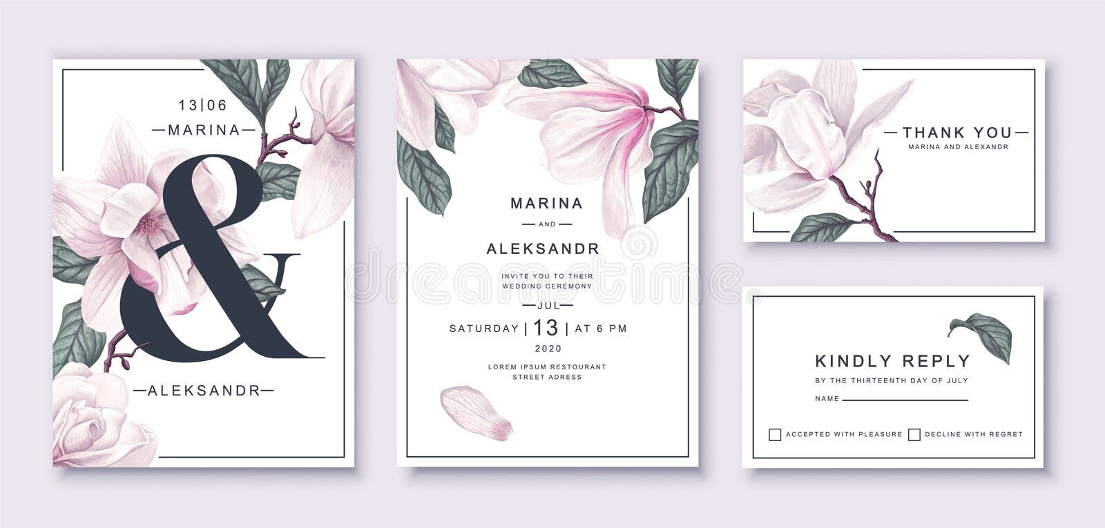 Botanical Wedding Invitation Card. Template Design with Whiteand Pink ...