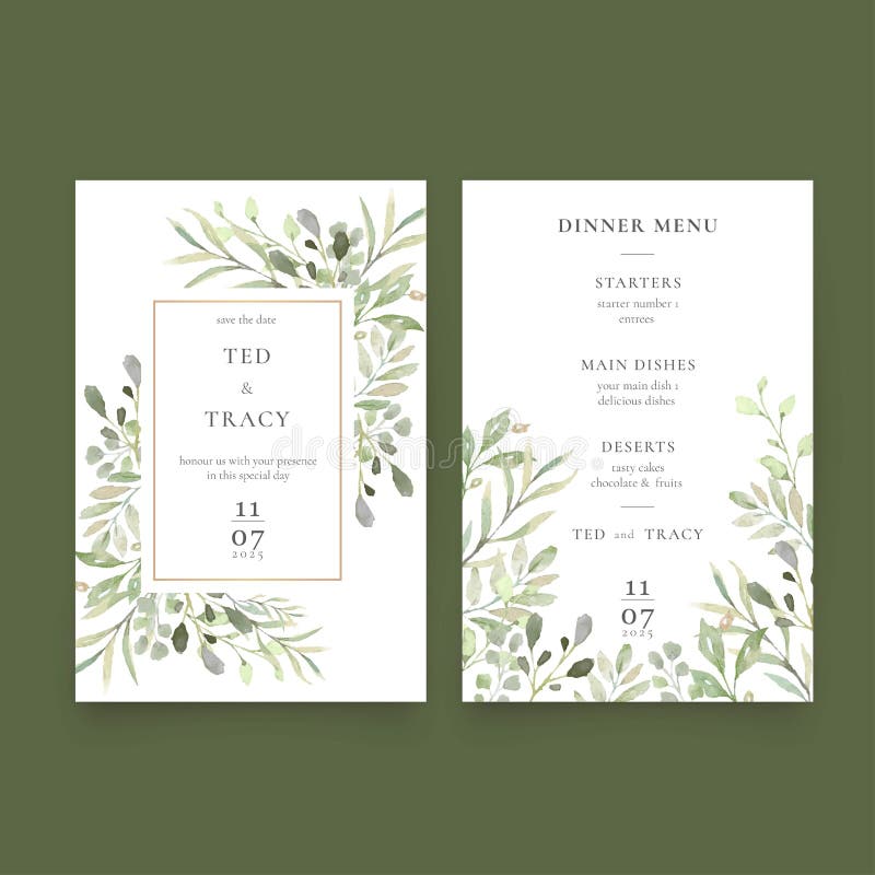 Wedding Invitation Menu Template with Green Leaves Vector Illustration ...