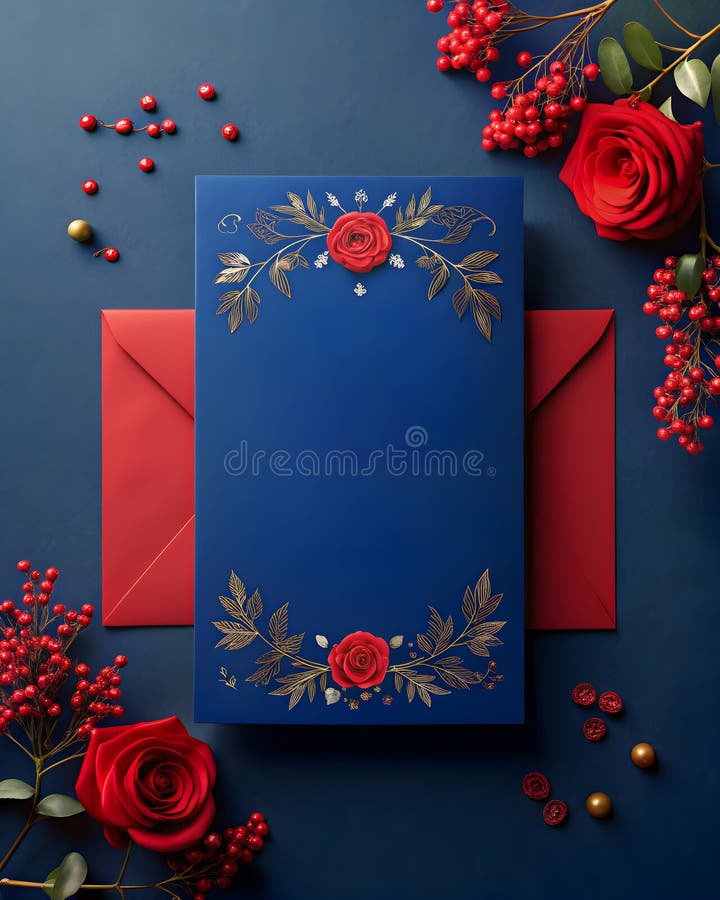 Wedding Invitation Card Mockup with Floral Design on Navy Blue ...
