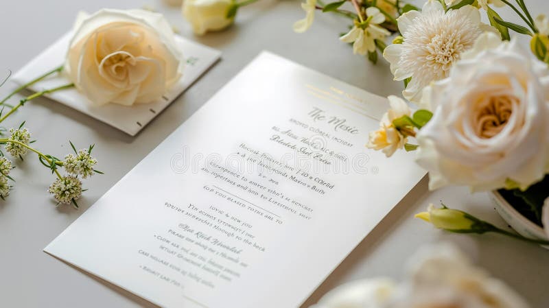 A Wedding Invitation on a Table with White Flowers Stock Image - Image ...