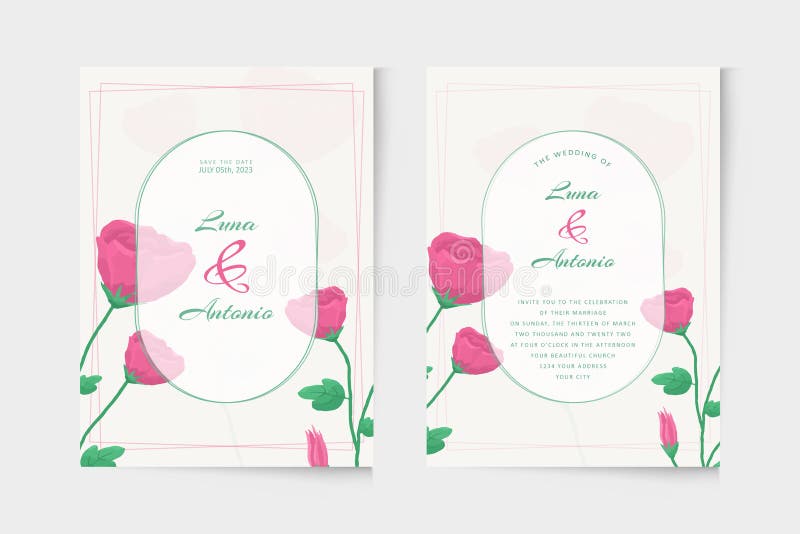 Wedding Invitation Template with Pink Rose Watercolor Stock Vector ...