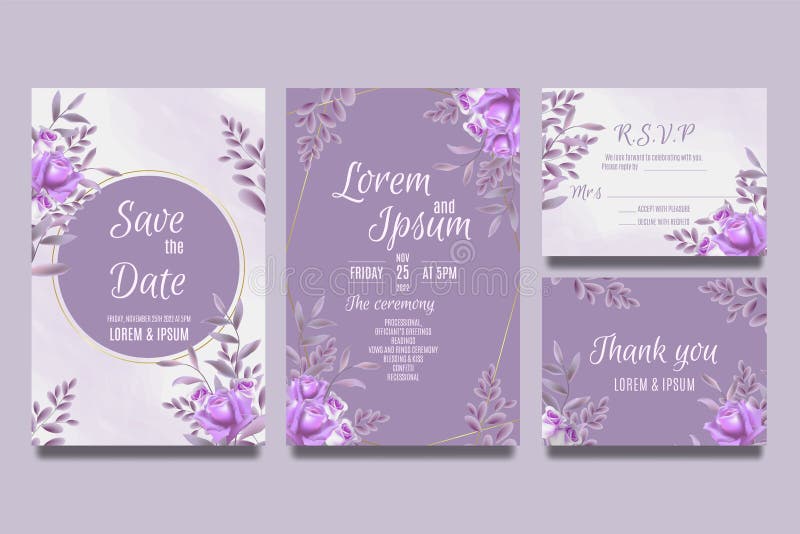 Wedding Invitation Template with Purple Roses and Leaves Stock Vector ...