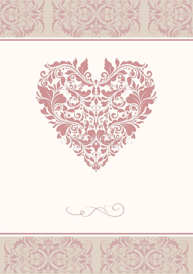 Wedding Invitation with Vintage Floral Pattern and Heart Shape Stock ...