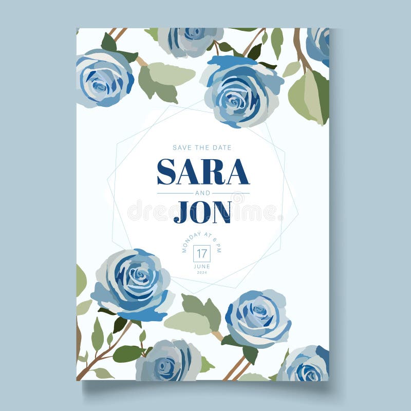Wedding Invitation with Watercolor Beautiful Blue Roses Stock Vector ...
