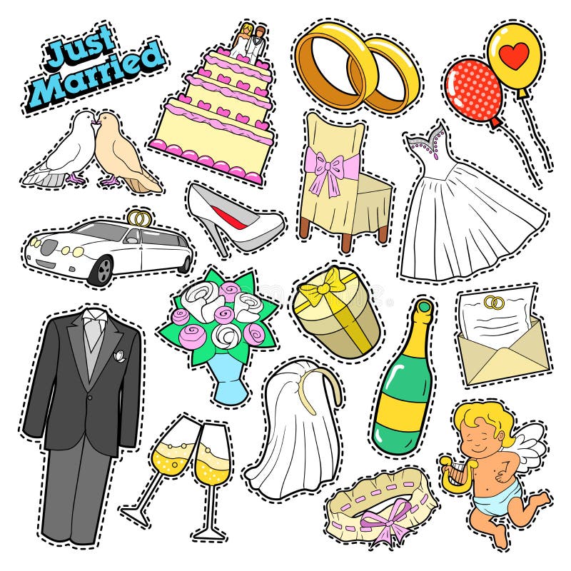 Wedding Just Married Doodle for Scrapbook, Stickers, Patches, Badges ...