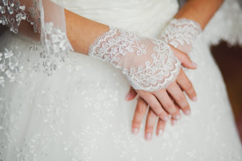 Wedding Lace Gloves on Hands of Bride, Close-up Stock Photo - Image of ...
