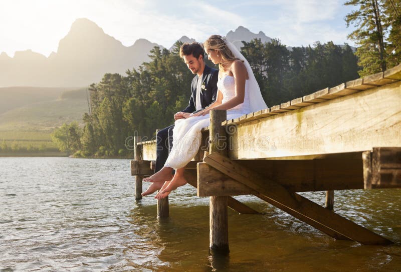 Wedding Lake And Couple In Nature For Marriage Ceremony Commitment