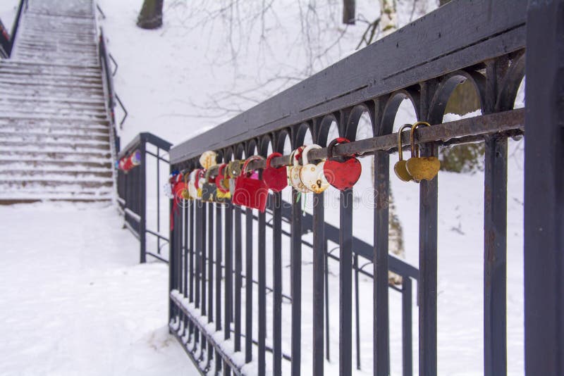 Wedding Locks on the Railing of the Stairs. Stock Image - Image of ...