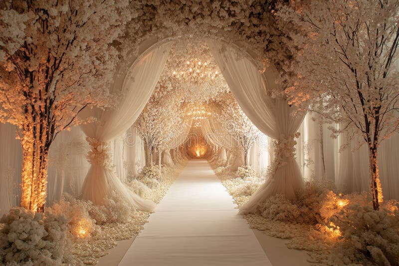 Wedding Long White Hall with Trees and Curtains. Scene is Elegant and ...