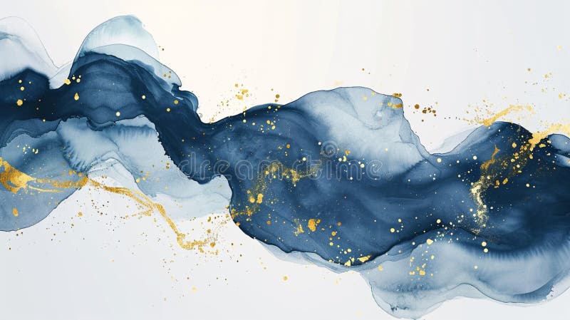 Wedding or Menu with Abstract Navy Blue Ink Waves and Golden Splashes ...