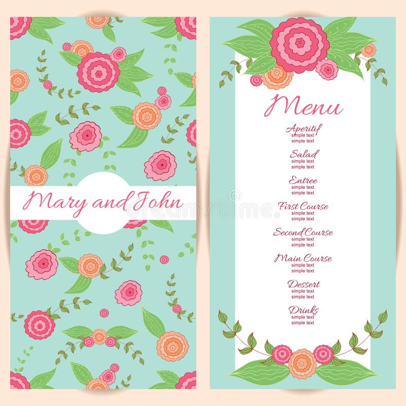 Wedding Menu Design with Hand Drawn Flowers. Stock Vector ...