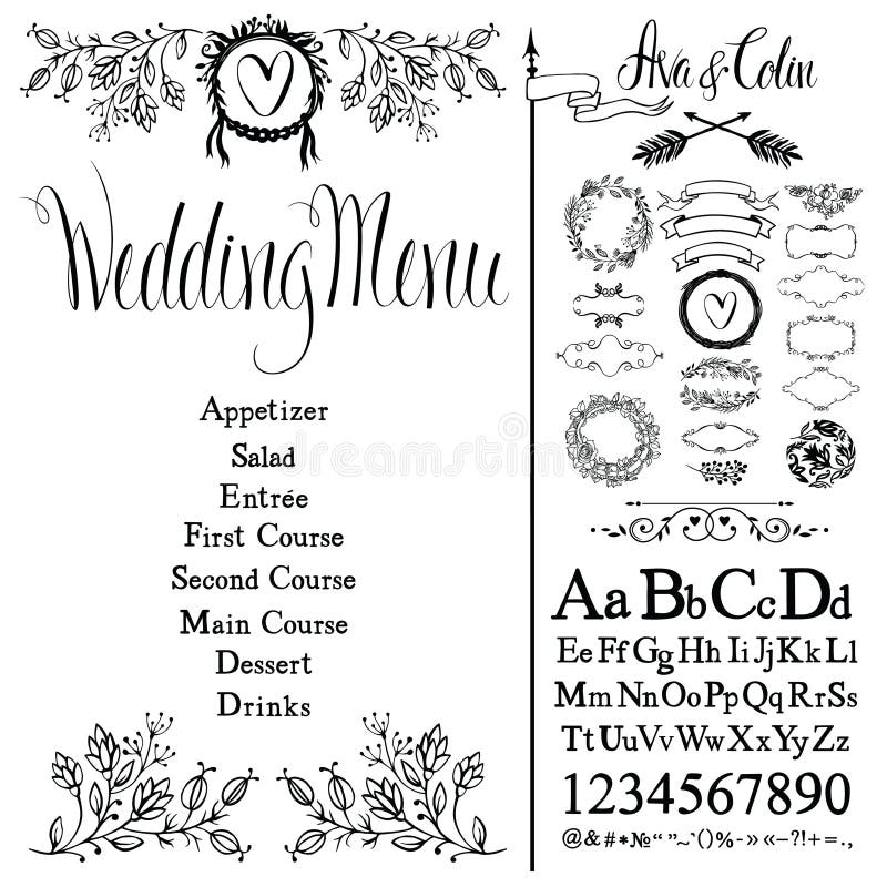 Wedding Menu, Font Set and Design Elements Set Stock Vector ...