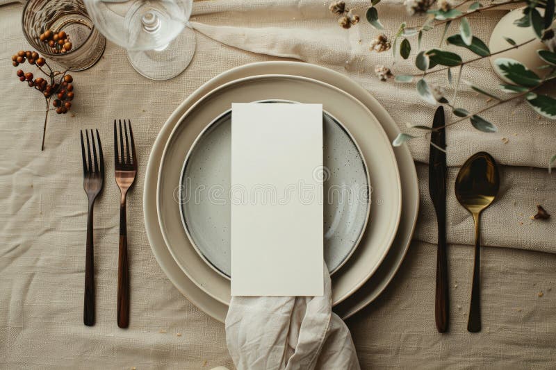 Wedding Menu on Plates on a Table Setting, Invitation Card Mockup Stock ...