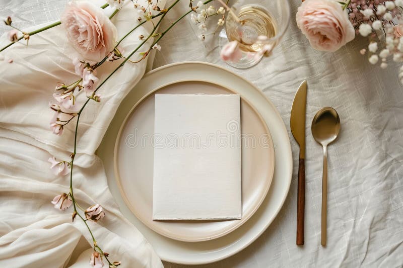 Wedding Menu on Plates on a Table Setting, Invitation Card Mockup Stock ...