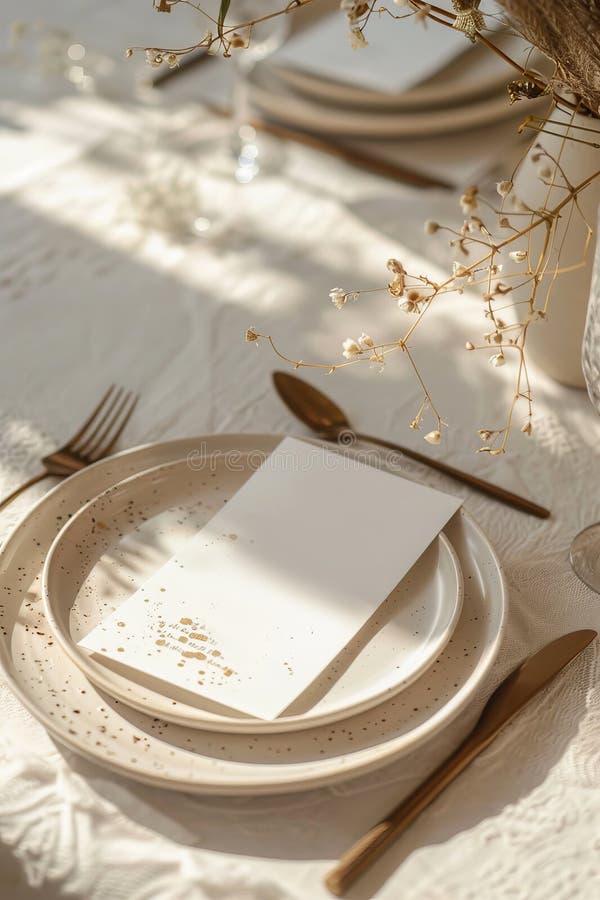 Wedding Menu on Plates on a Table Setting, Invitation Card Mockup Stock ...