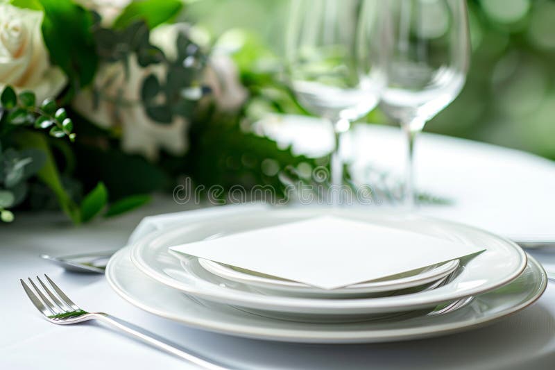 Wedding Menu on Plates on a Table Setting, Invitation Card Mockup Stock ...