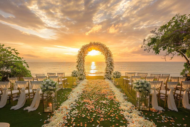 Wedding Outdoor on Beach with Sunset. Generative AI Stock Image - Image ...