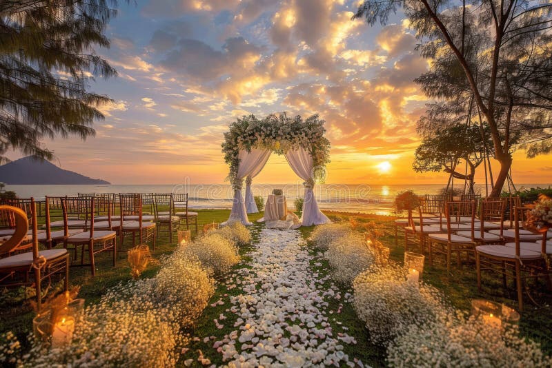 Wedding Outdoor on Beach with Sunset. Generative AI Stock Image - Image ...