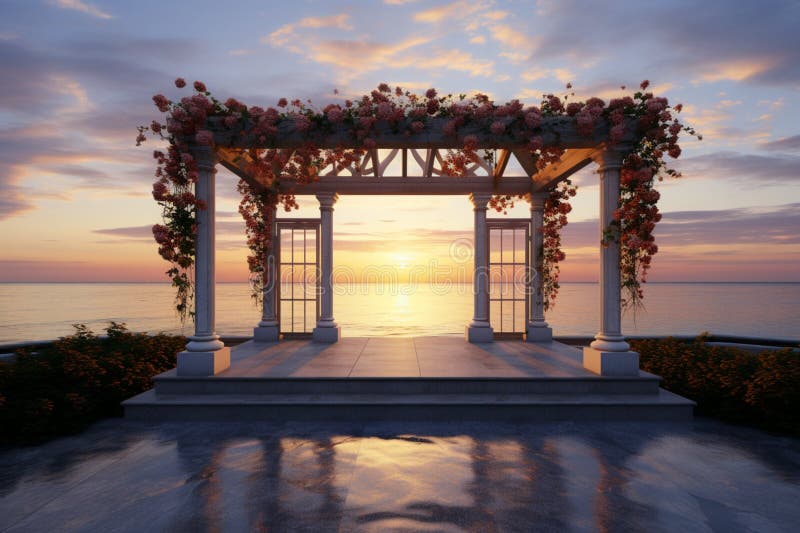 Wedding Pavilion in 3D, Framed by a Mesmerizing Sea Sunset Scene Stock ...