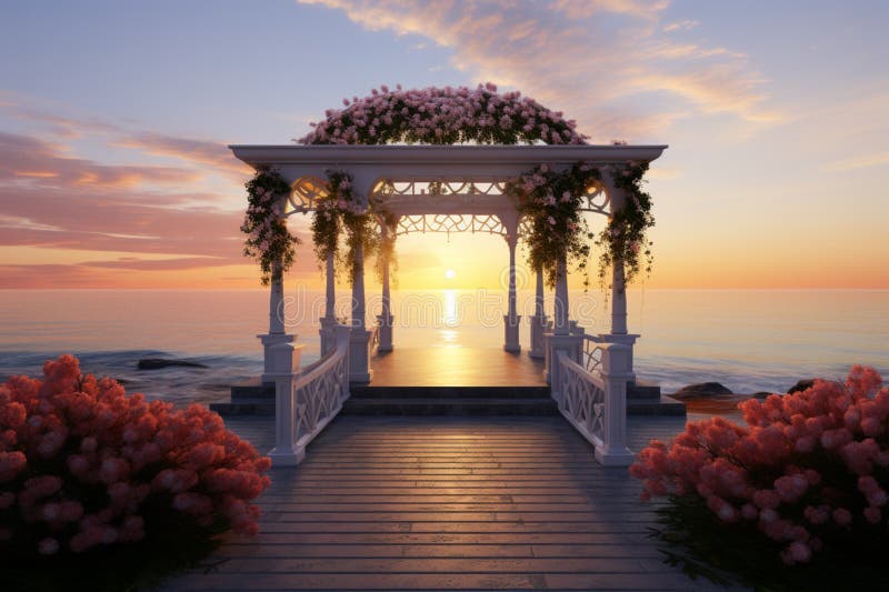 Wedding Pavilion in 3D, Framed by a Mesmerizing Sea Sunset Scene Stock ...