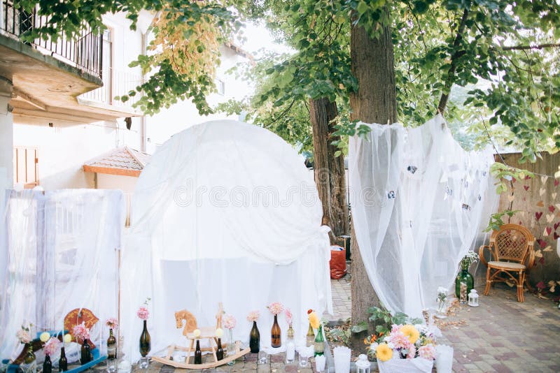 Wedding Photo Zone with Handmade Decor Stock Photo - Image of event ...