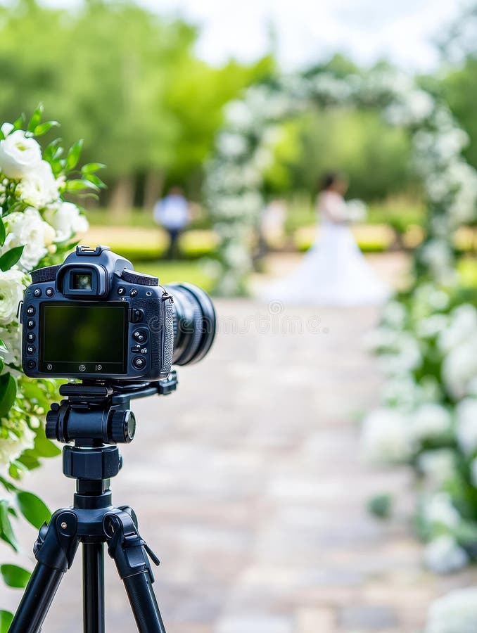 Wedding Photography Setup Outdoors Camera on Tripod Capturing a Wedding ...