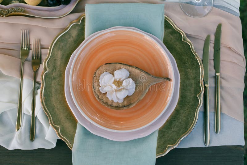 Wedding Place Setting in Beautiful Rustic Style, Top View Stock Photo ...