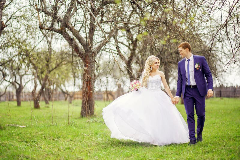 Wedding Portrait of the Bride and Groom in the Spring Garden Stock ...