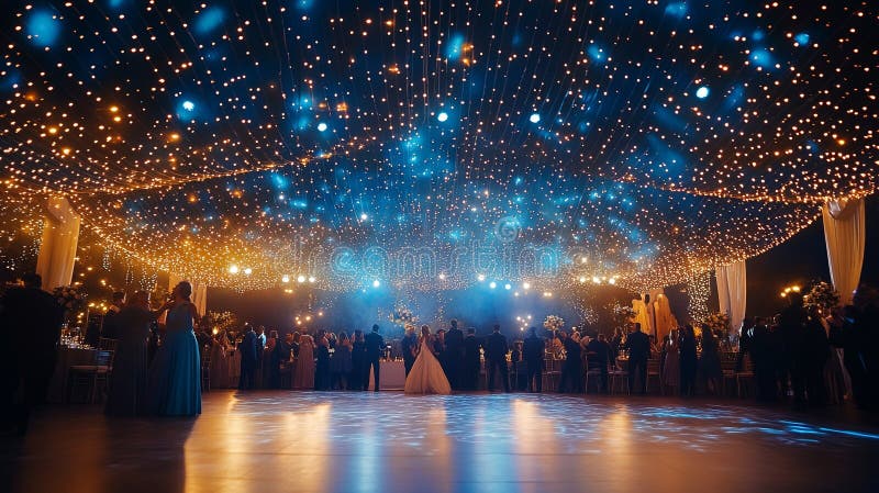 A Wedding Reception Dance Floor Under a Canopy of String Lights and ...