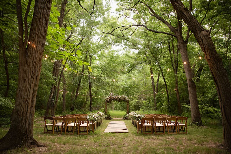 Wedding Reception Setup in Forest with String Lights, Wooden Chairs and ...