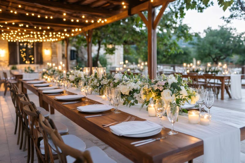 Wedding Reception Table is Lit by Candles and String Lights Under a ...
