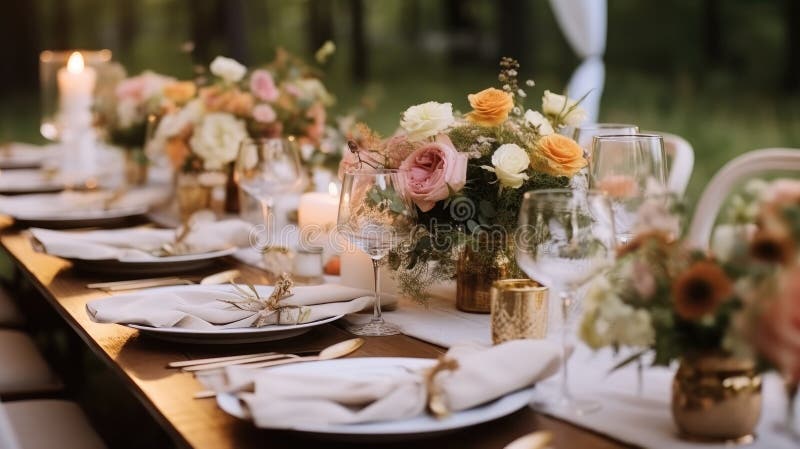 Wedding Reception Table Setting with Flower Arrangements, Special Event ...