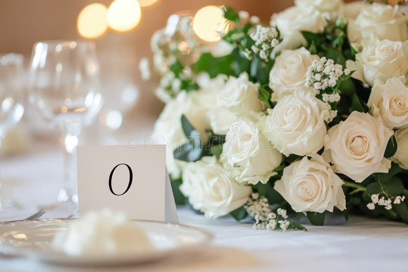 Wedding Reception Table with White Rose Decor and Card Mockup Stock ...
