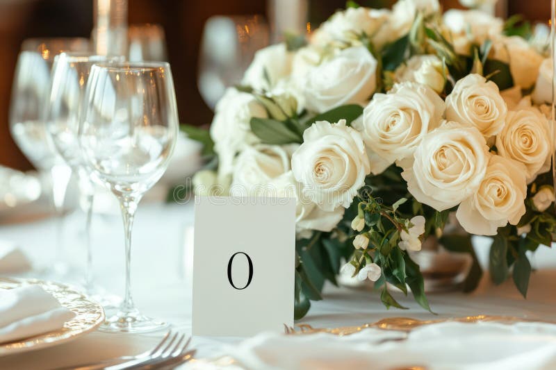 Wedding Reception Table with White Rose Decor and Card Mockup Stock ...