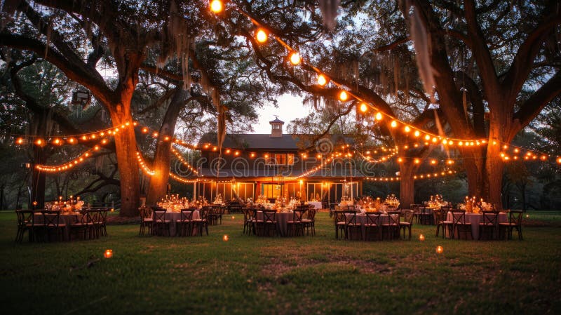Wedding Reception Under Large Tree with Lights Stock Photo - Image of ...