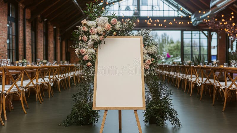 Wedding Reception Venue Decorated with Flowers and Blank Easel Sign ...