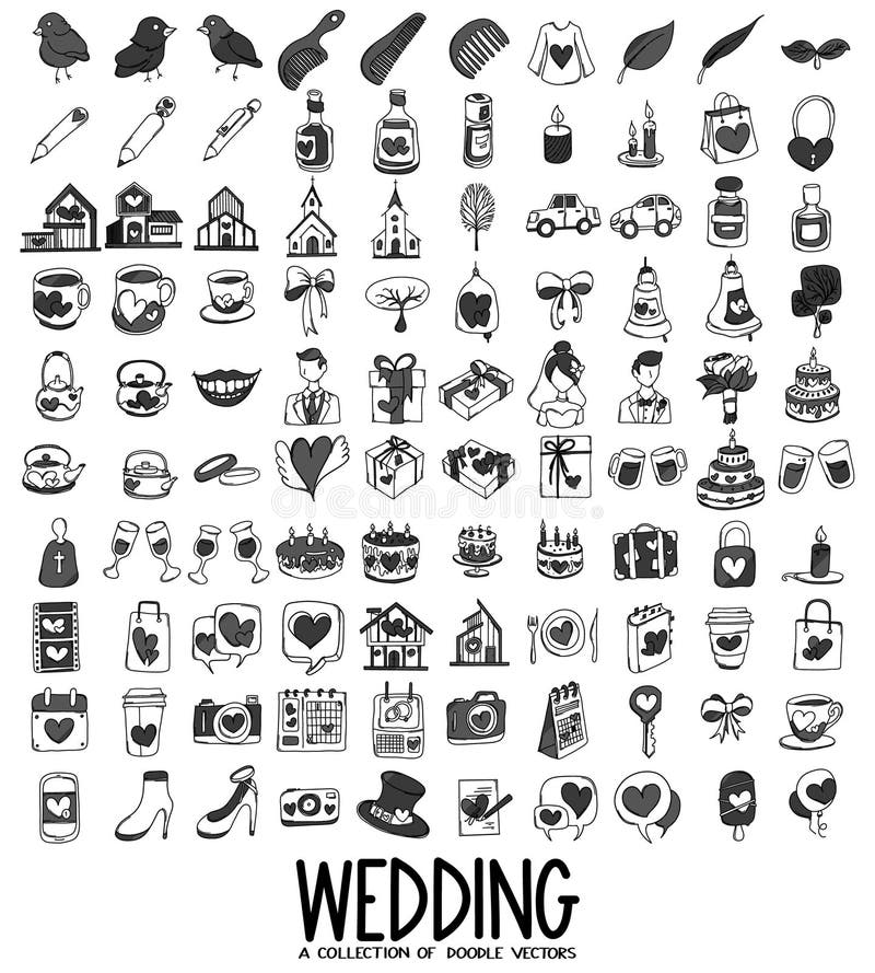 Wedding Related Doodle Vector Icon Set. Drawing Sketch Illustration ...