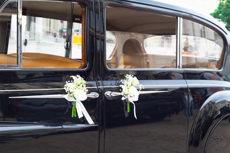 Wedding Retro Car Decorated with White Flowers. Stock Photo - Image of ...