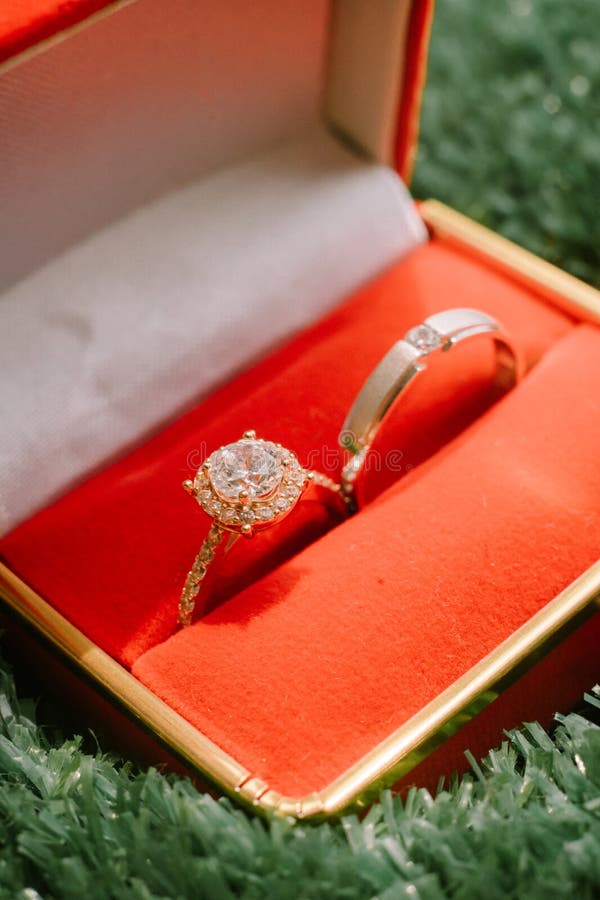 Wedding Ring in a Ring Box on Artificial Grass, Symbolizing Love and ...