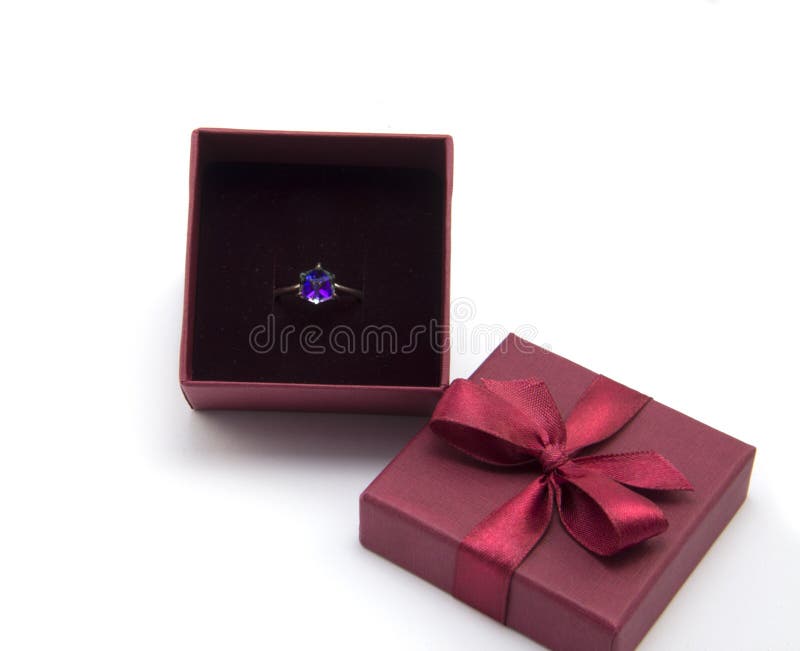 Wedding Ring in Burgundy Box with Bow Isolated on White Background ...
