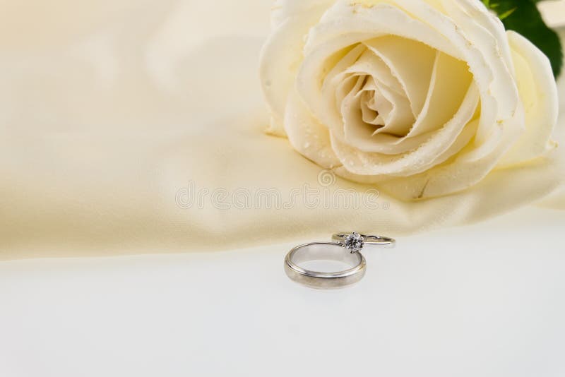 Wedding Ring and White Rose on Ivory Silk Satin Stock Photo - Image of ...