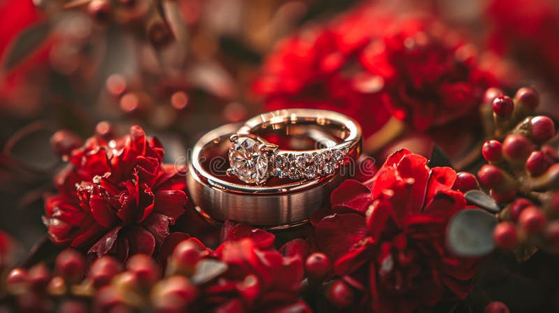 Wedding Rings on a Background of Red Flowers. Wedding Concept Stock ...