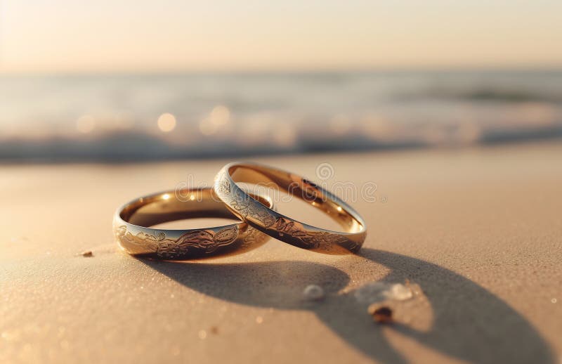 Wedding Rings on Beach with Ocean Background Stock Image - Image of ...
