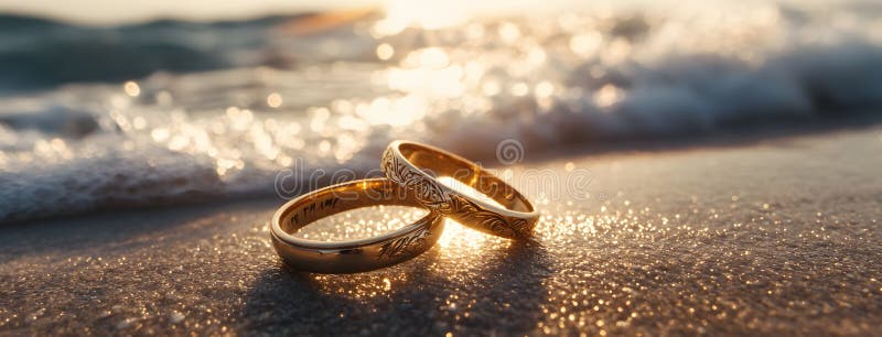 Wedding Rings on the Beach at Sunset Stock Image - Image of marriage ...