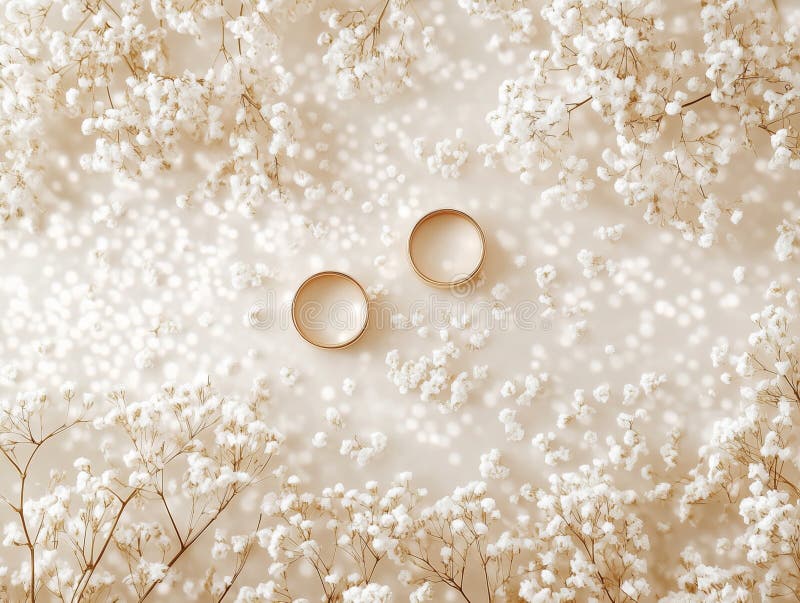 Wedding Rings on Beige Background with White Gypsophila, Soft and ...
