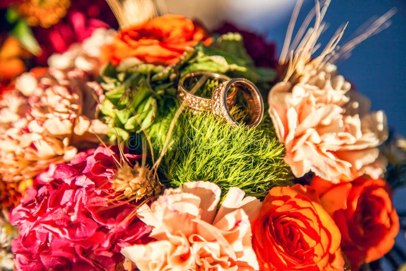 Wedding Rings on the Bride`s Bouquet in the Autumn Theme Stock Photo ...
